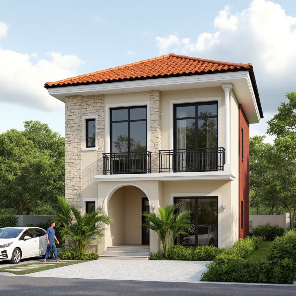 Best white two-story house with tiled roof Prompts | PromptHero
