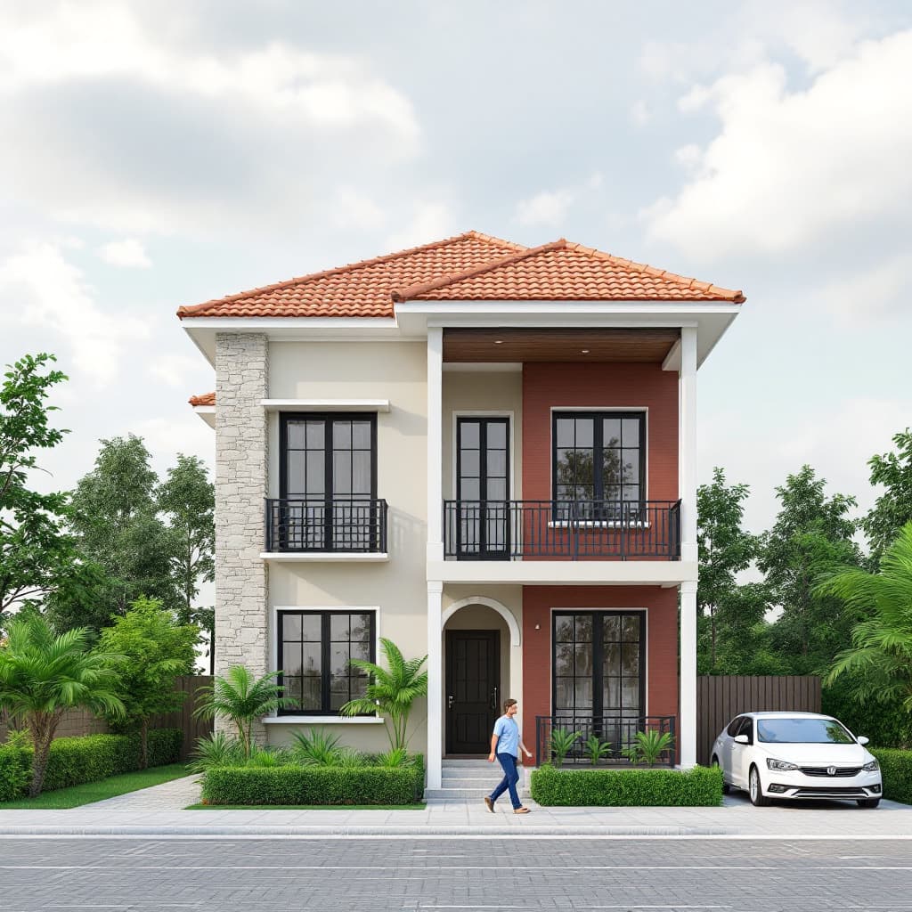 Best white two-story house with tiled roof Prompts | PromptHero