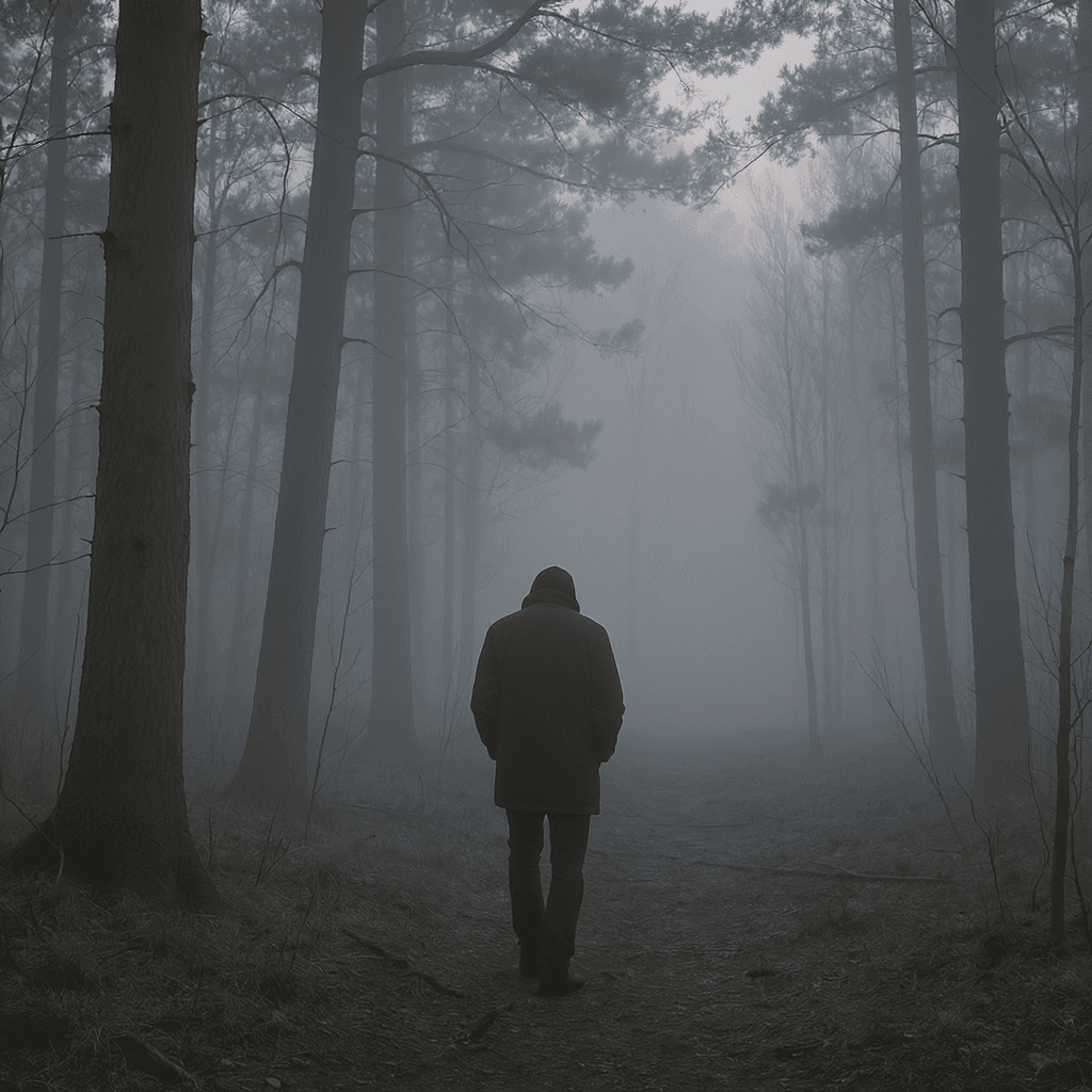 Best depicting a lone man walking slowly through a foggy field at dawn ...