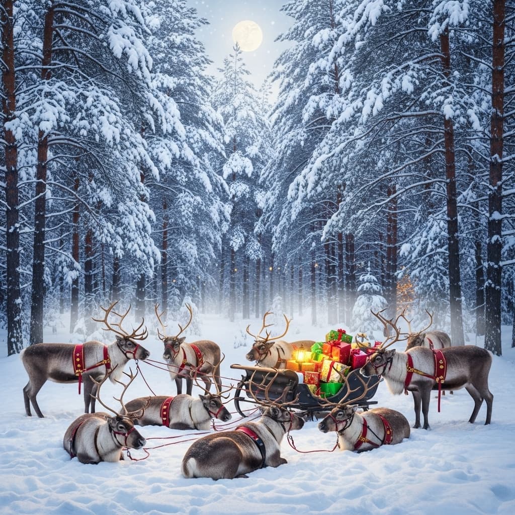 Best and three reindeer walking across the bottom edge Prompts | PromptHero
