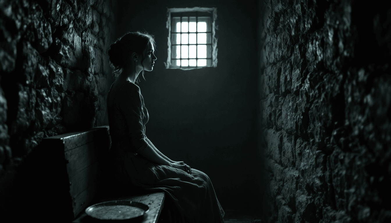 Best POV A dimly lit colonial-era prison cell in 1931 Prompts | PromptHero