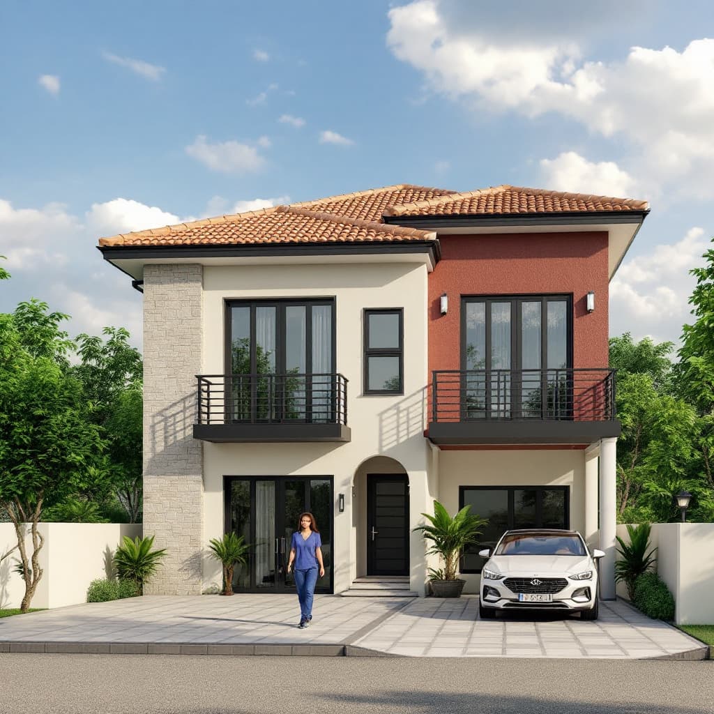 Best white two-story house with tiled roof Prompts | PromptHero