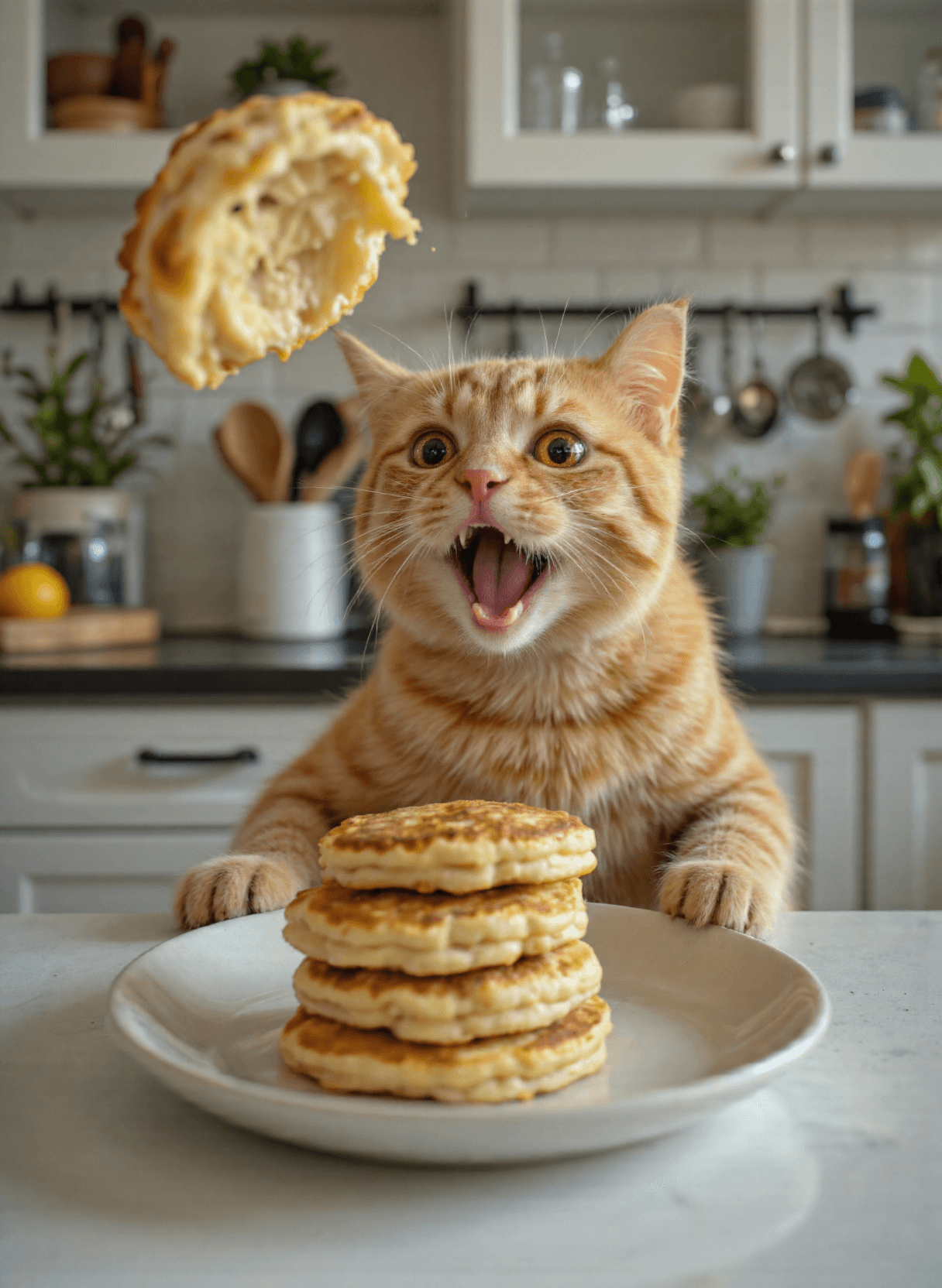 Best In front of the cat is a plate containing three pancakes stacked ...