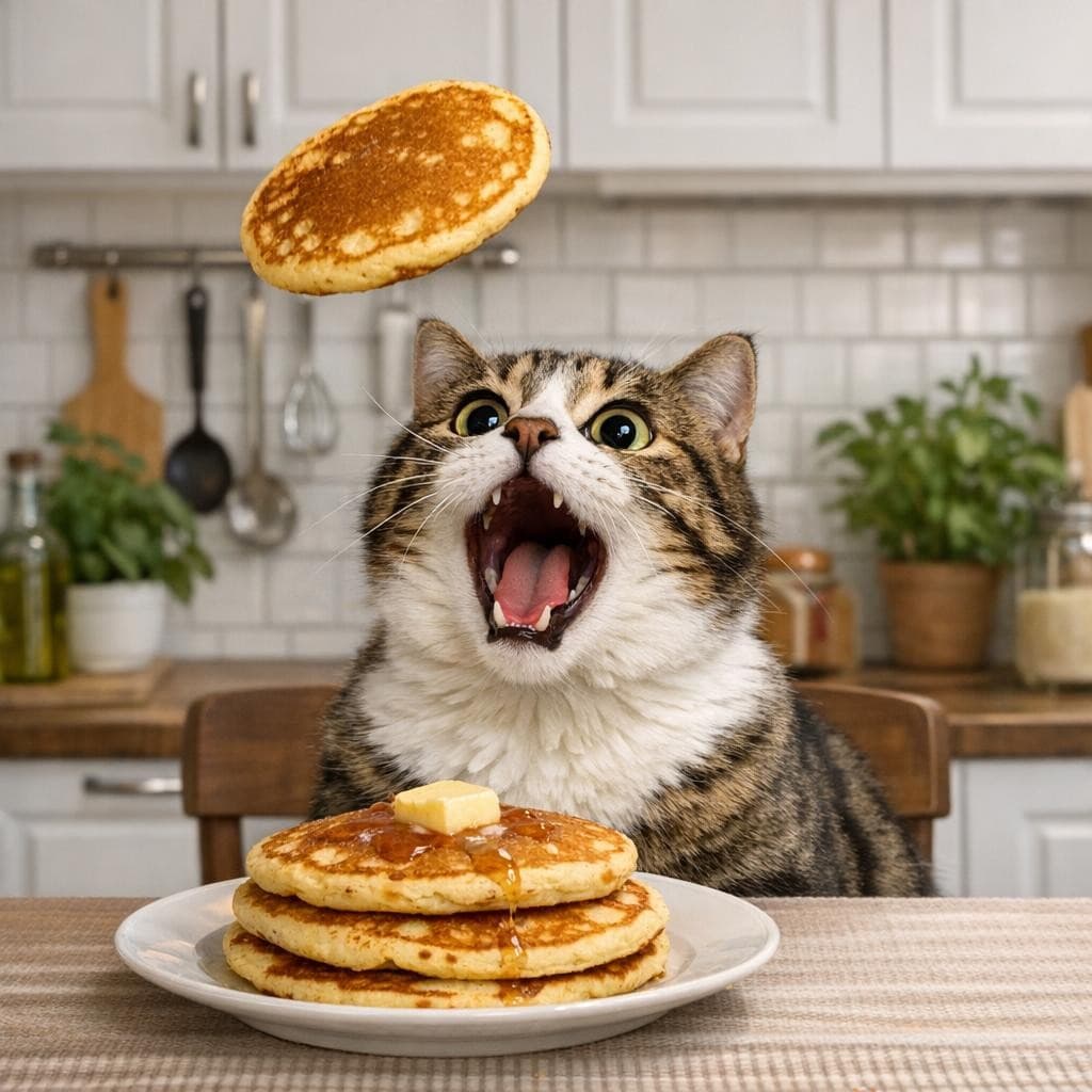 Best In front of the cat is a plate containing three pancakes stacked ...