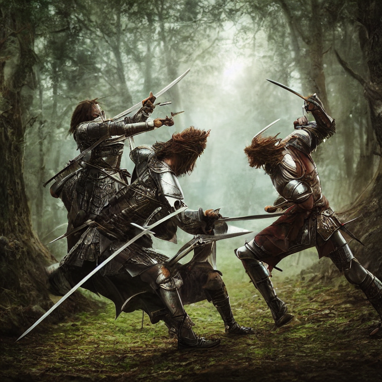Stable Diffusion prompt: two knights fighting with swords - PromptHero